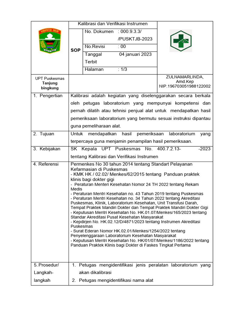 8.1.7 Sop Kalibrasi Dan Verifikasi Instrumen | PDF | Teknologi & Rekayasa