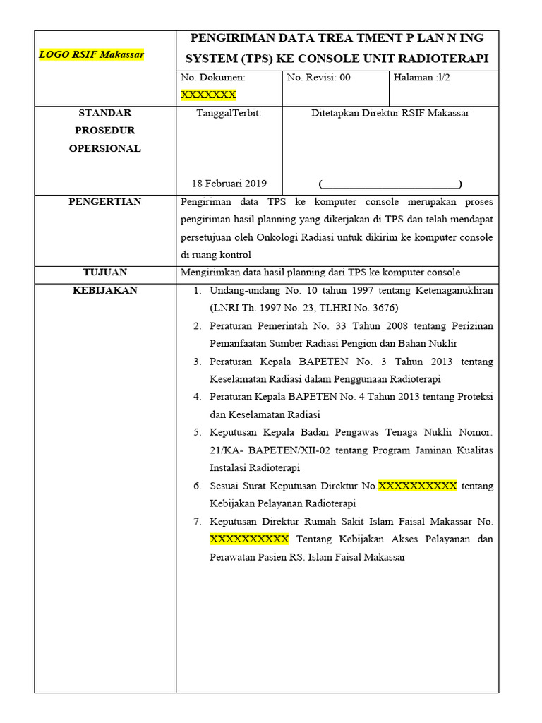 SPO Pengiriman Data TPS Ke Console Unit Radioterapi RSIF FIX | PDF
