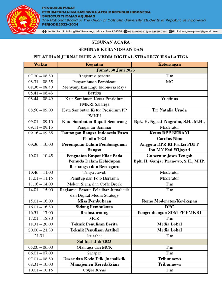 Rundown Acara Seminar Kebangsaan Dan Pelatihan Jurnalistik Ii Salatiga