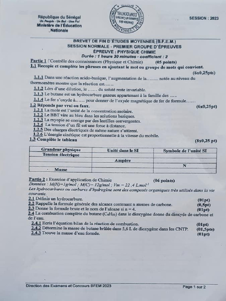 Epreuve Bfem 2023 Physique Chimie Session Normale 1er Groupe, Senegal | PDF