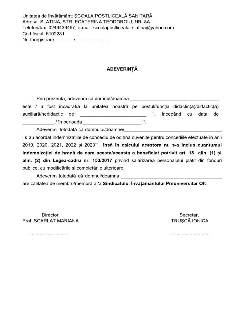 Indemnizatie Hrana CO - Model ADEVERINTA | PDF