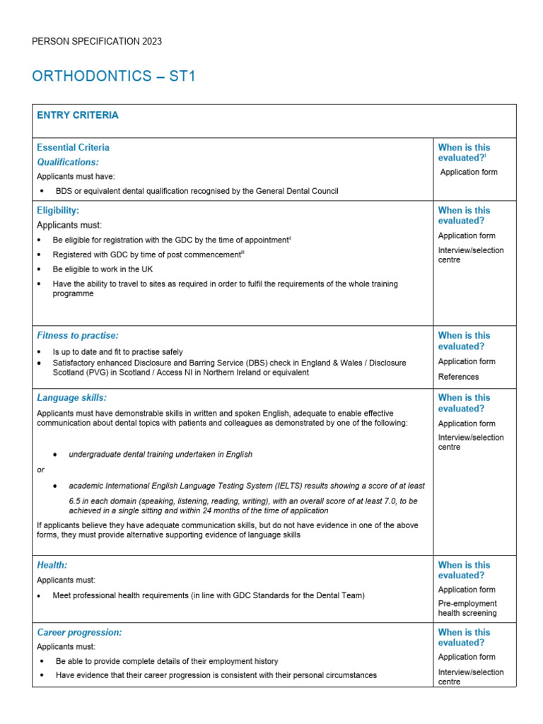2023-Person Specification - Orthodontics ST1 | PDF