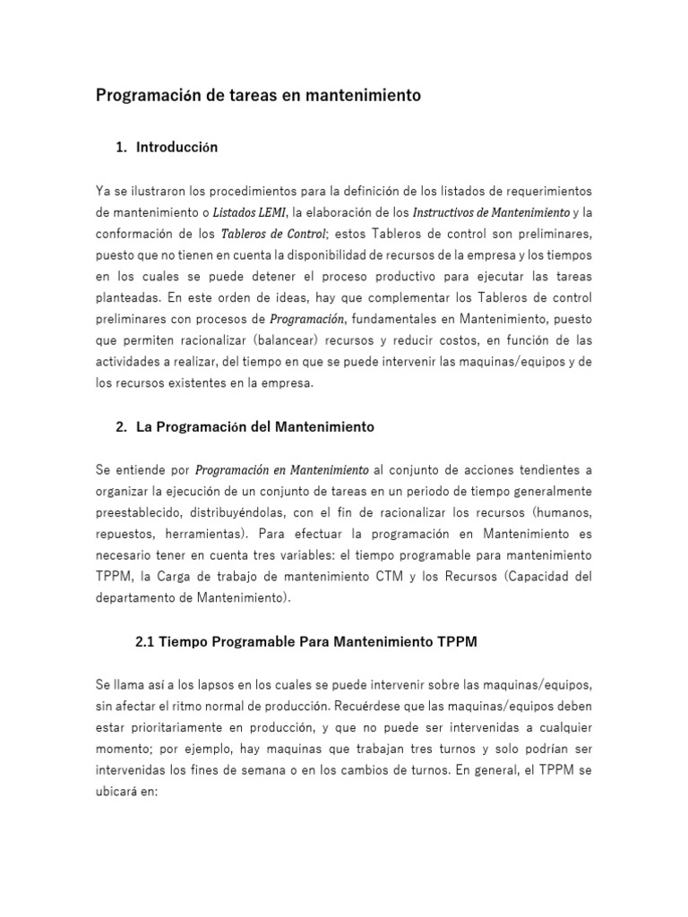 Ejemplo Programación de Tareas en Mantenimiento | PDF