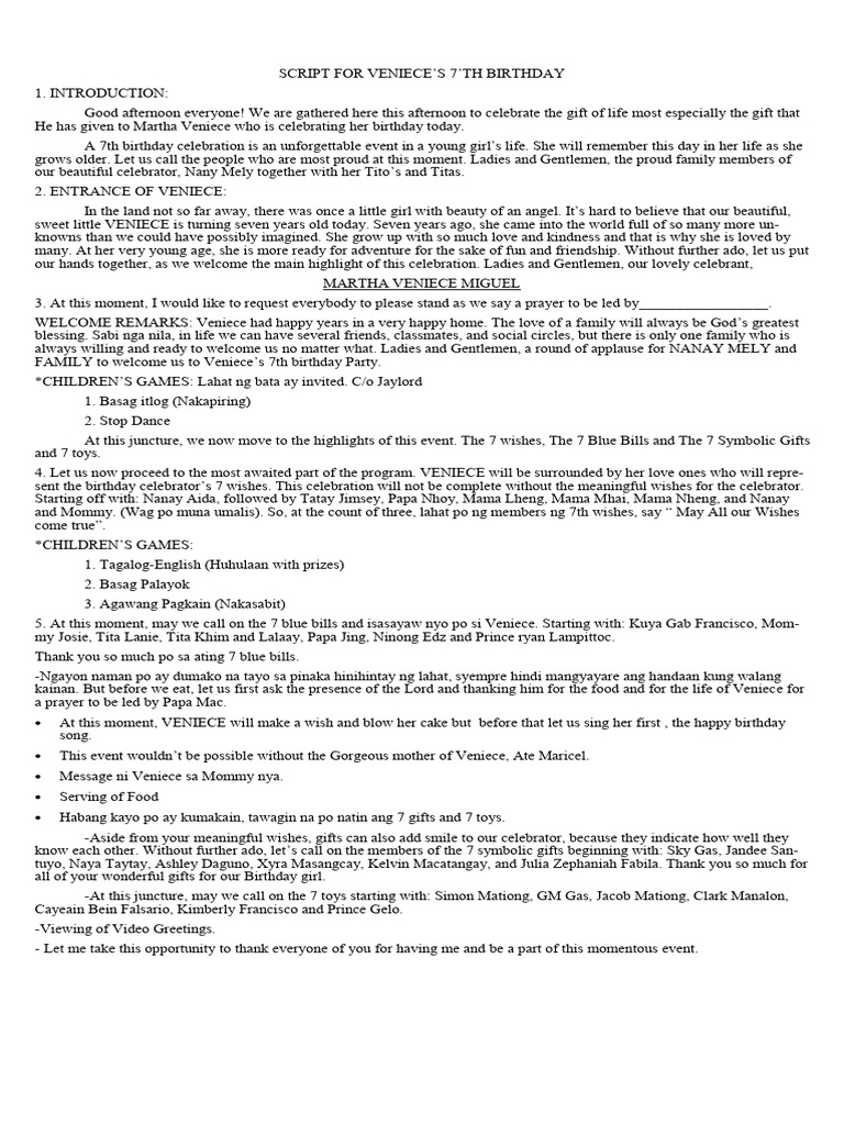 Emcee Script for Veniece's 7th Birthday | PDF | Cooking, Food & Wine ...