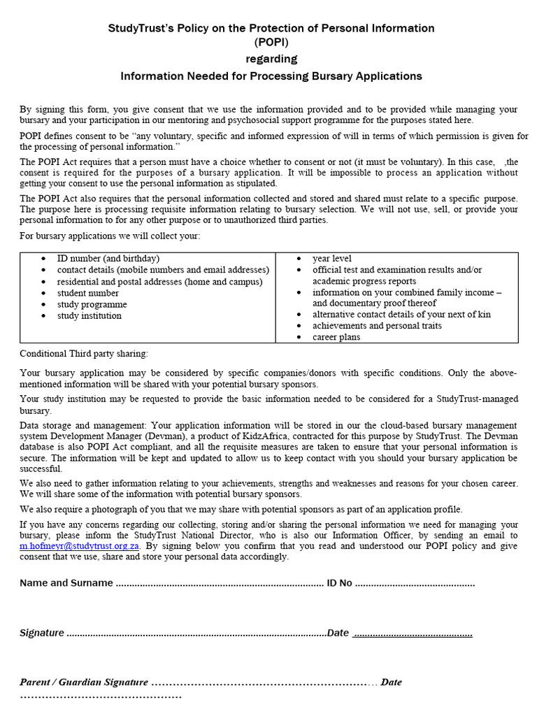 StudyTrust POPIA Concent Form For Bursary Applications | PDF