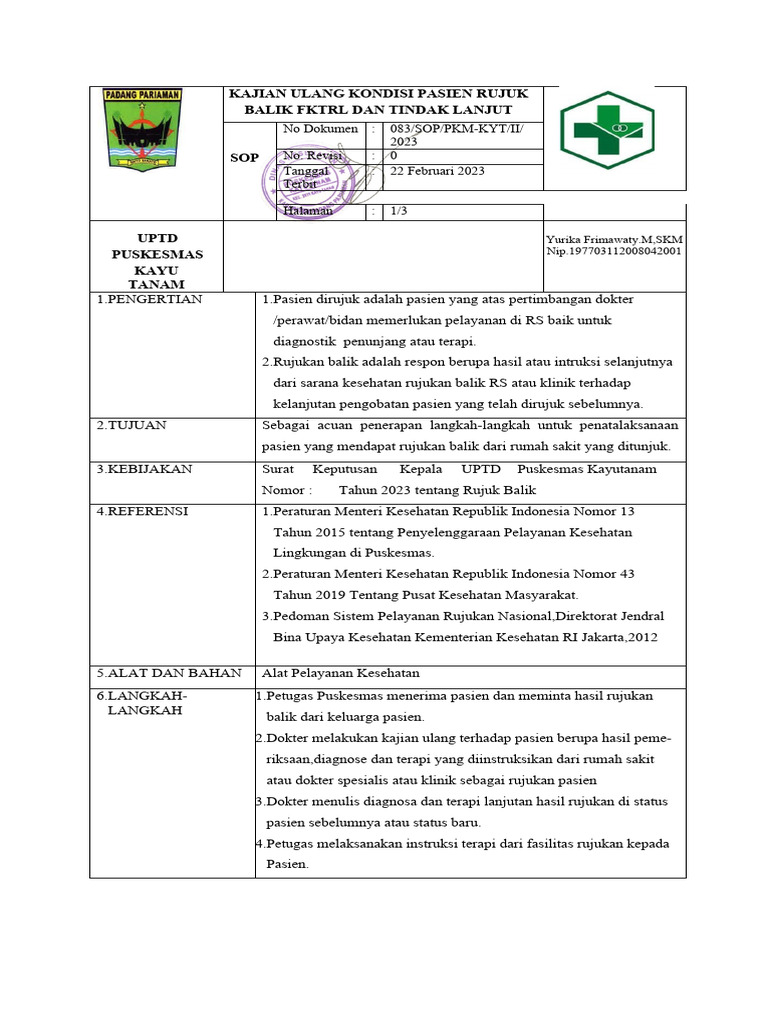 3.7.2.a SOP Kajian Ulang Kondisi Pasien Rujuk Balik FKTRL Dan Tindak ...
