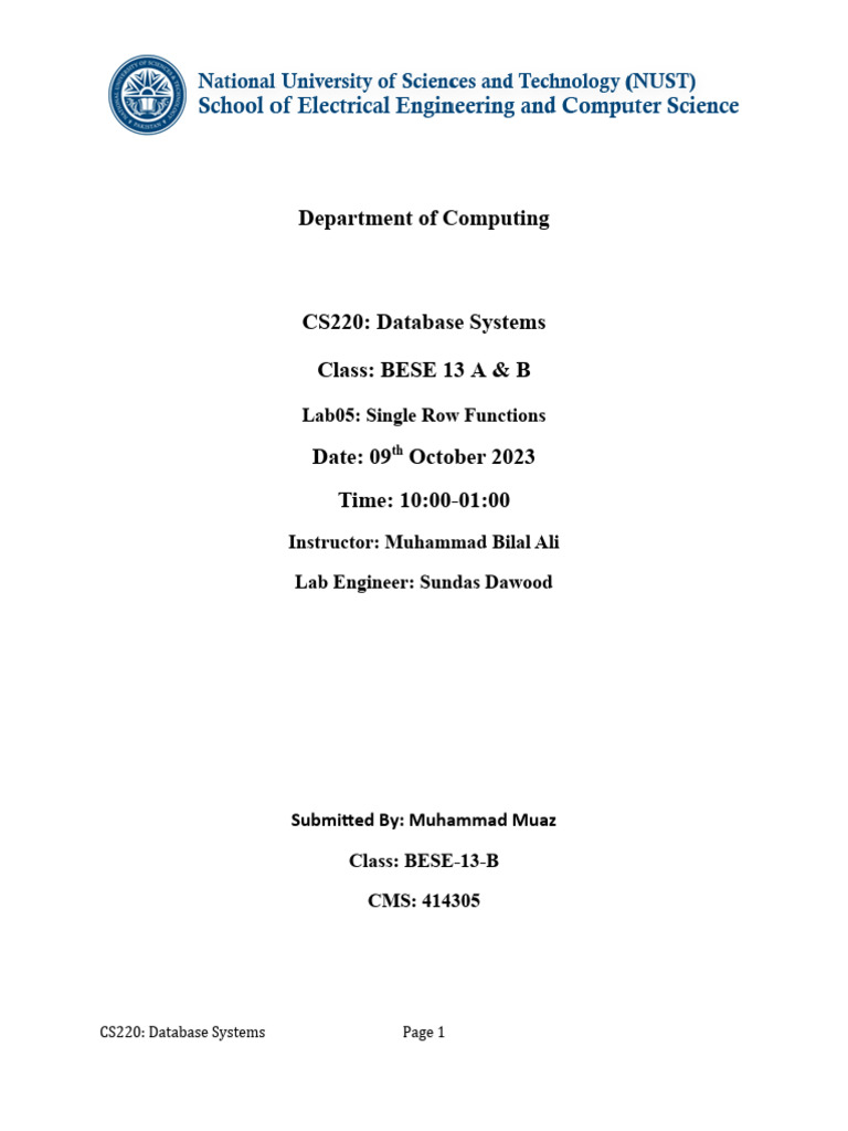 Single Row Functions Lab BESE 13 | PDF Single Row Functions Lab BESE 13 | PDF