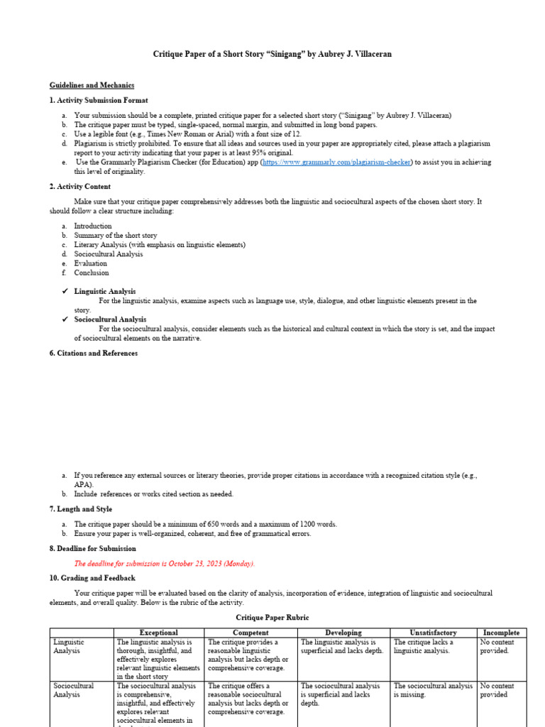 Guidelines and Mechanics For The Submission of The Activity On A ...