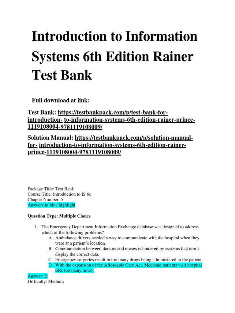 Introduction To Information Systems 6th Edition Rainer Test Bank 1 ...
