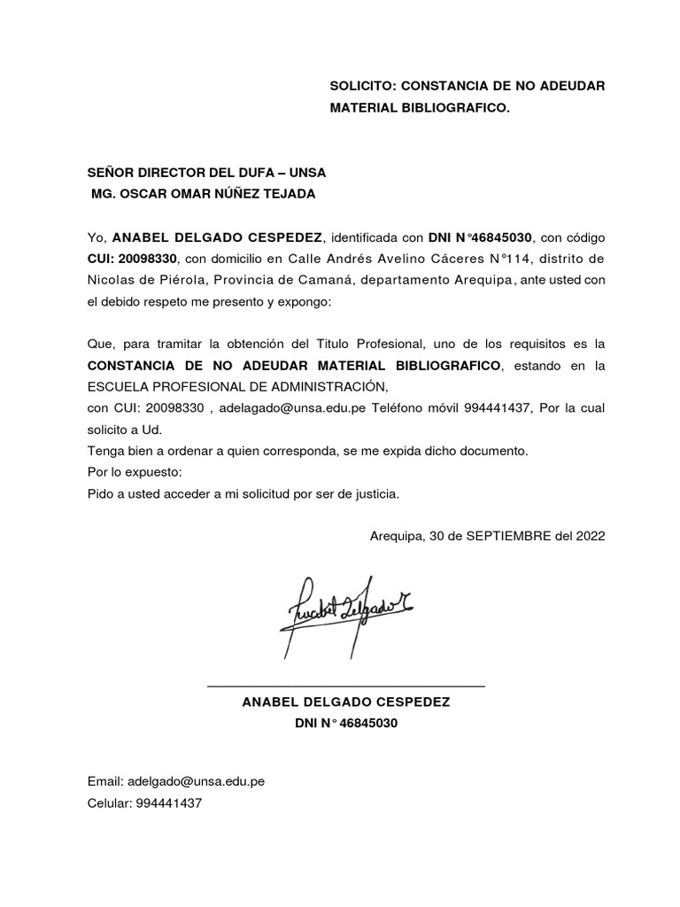 Solicitud Constancia No Adeudar UNSA | PDF