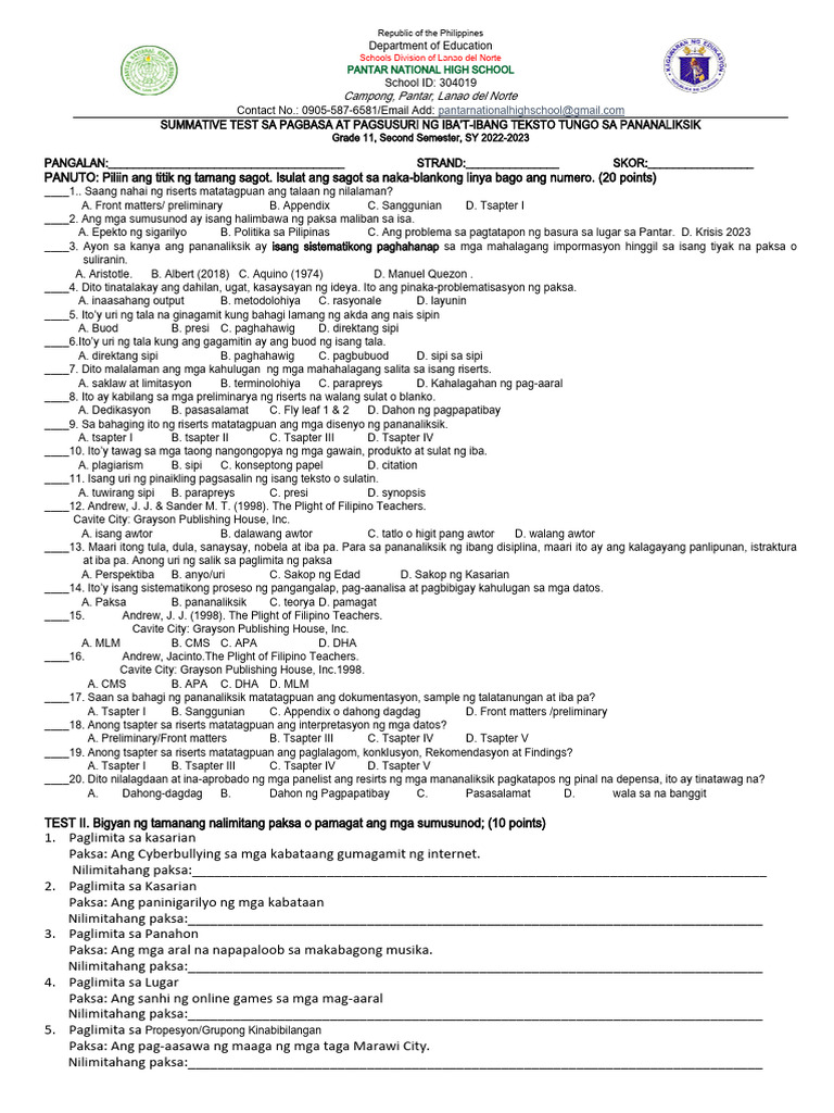 Pagbasa Summative Fourth Quarter | PDF