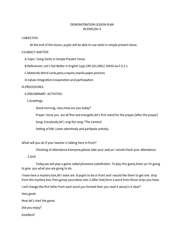 Demonstration Lesson Plan in English | PDF