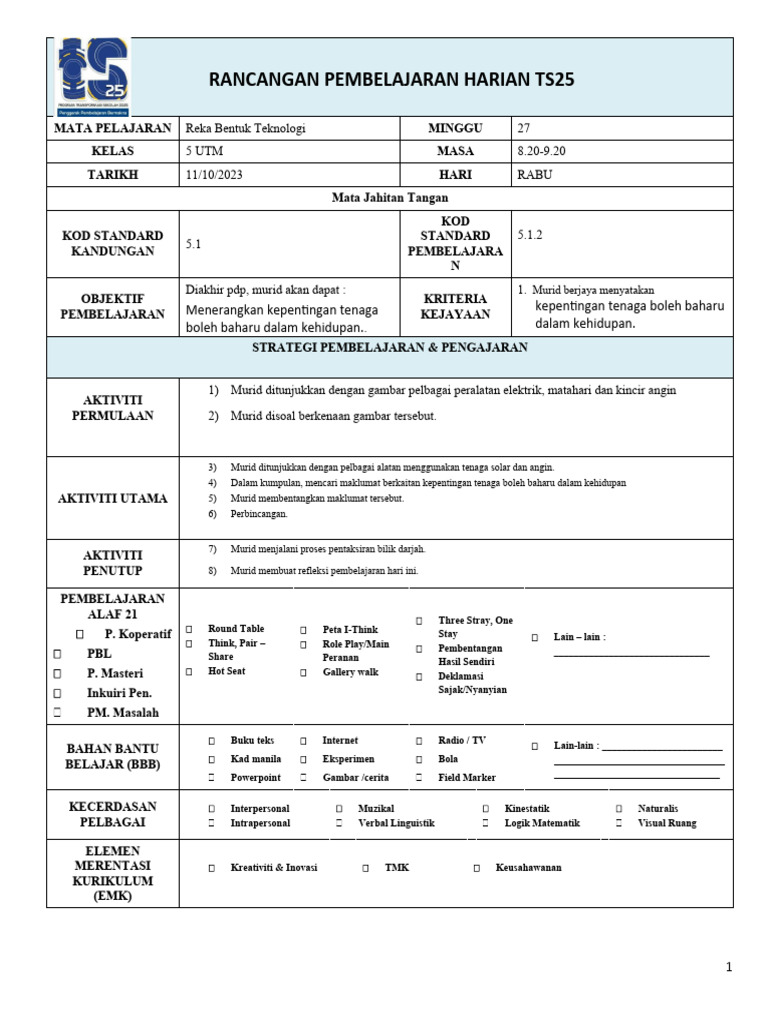 RPH-RBT-Tahun-5-KSSR-Semakan-5.1-tenaga Boleh Dibaharui 2 | PDF