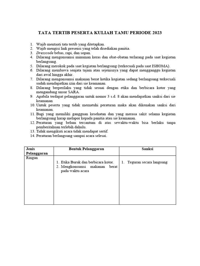 Tata Tertib Peserta Kuliah Tamu 2023 | PDF