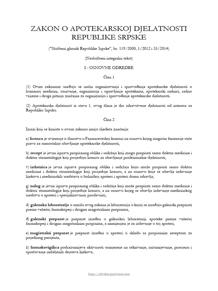 Zakon o Apotekarskoj Djelatnosti Republike Srpske | PDF