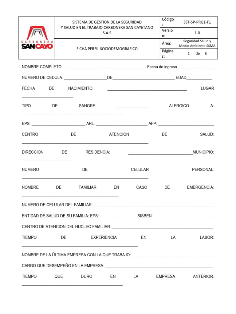 SST-SP-PRG1-F1 Formato Perfil Sociodemografico SCY | PDF