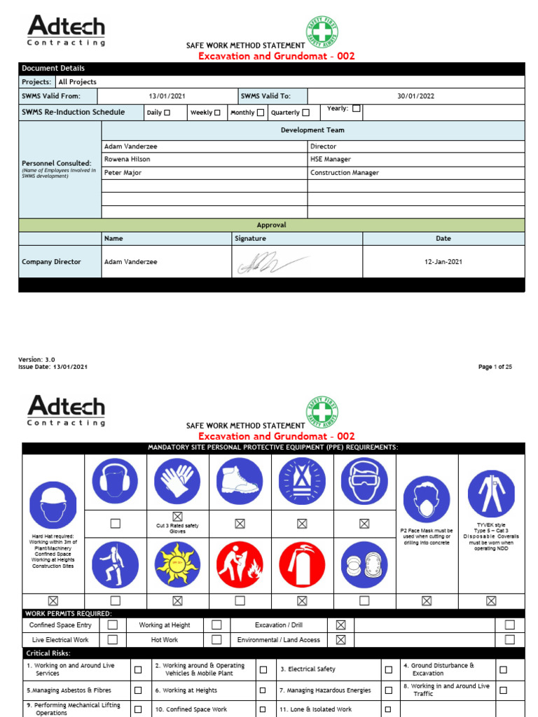 Adtech SWMS - 002 - Excavation and Grundomat | PDF
