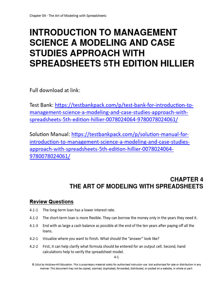 Introduction To Management Science A Modeling and Case Studies Approach With Spreadsheets 5th ...