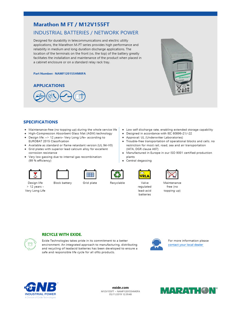 Marathon M12V155FT Battery Datasheet | PDF | Manufactured Goods ...