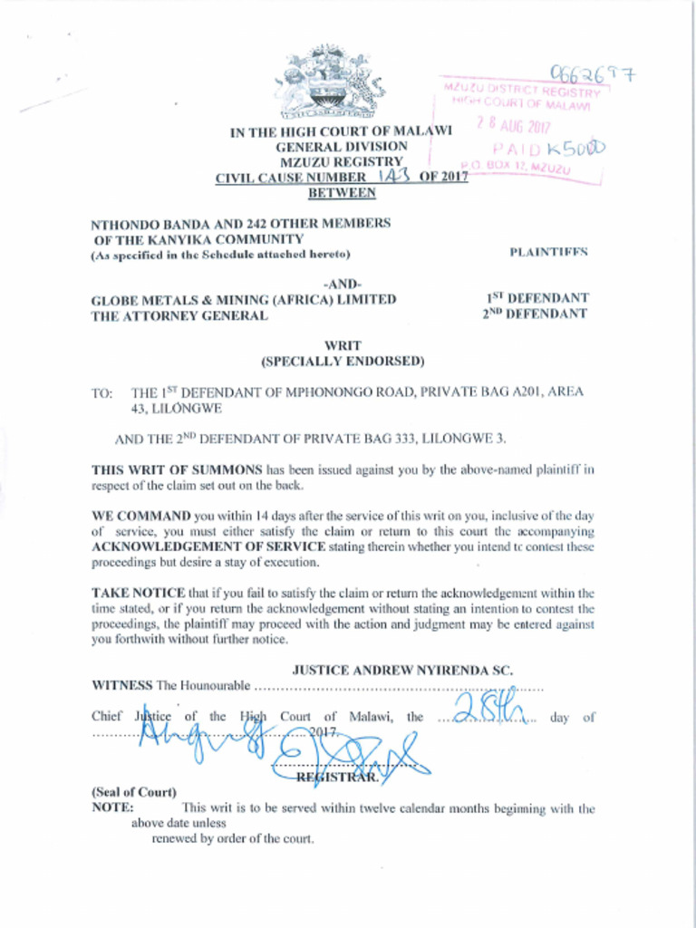 Writ of Summons Statement of Claim 1 | PDF