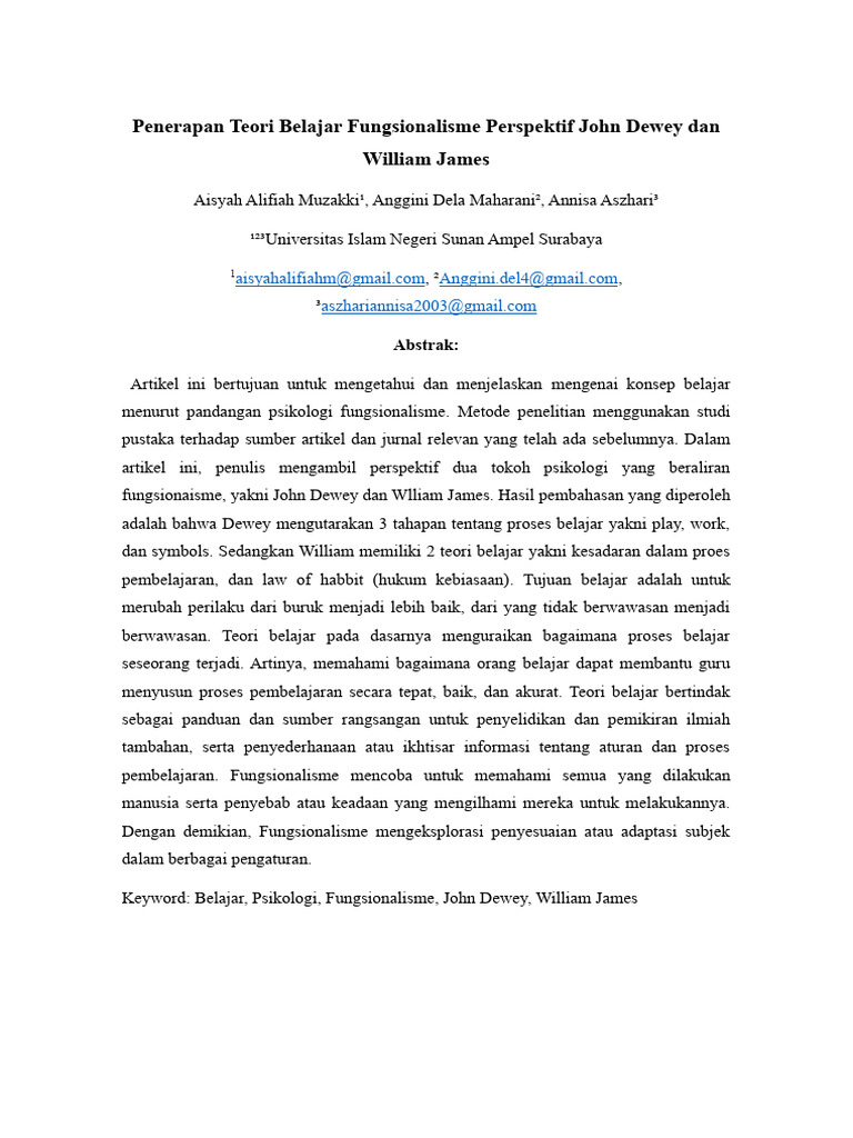 Penerapan Teori Belajar Fungsionalisme Perspektif John Dewey Dan William James | PDF