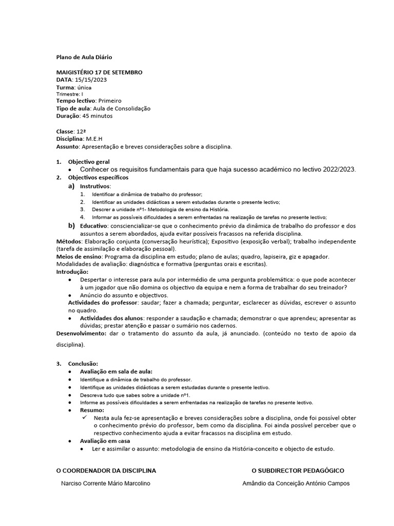 Plano de Aula Diário MEH | PDF