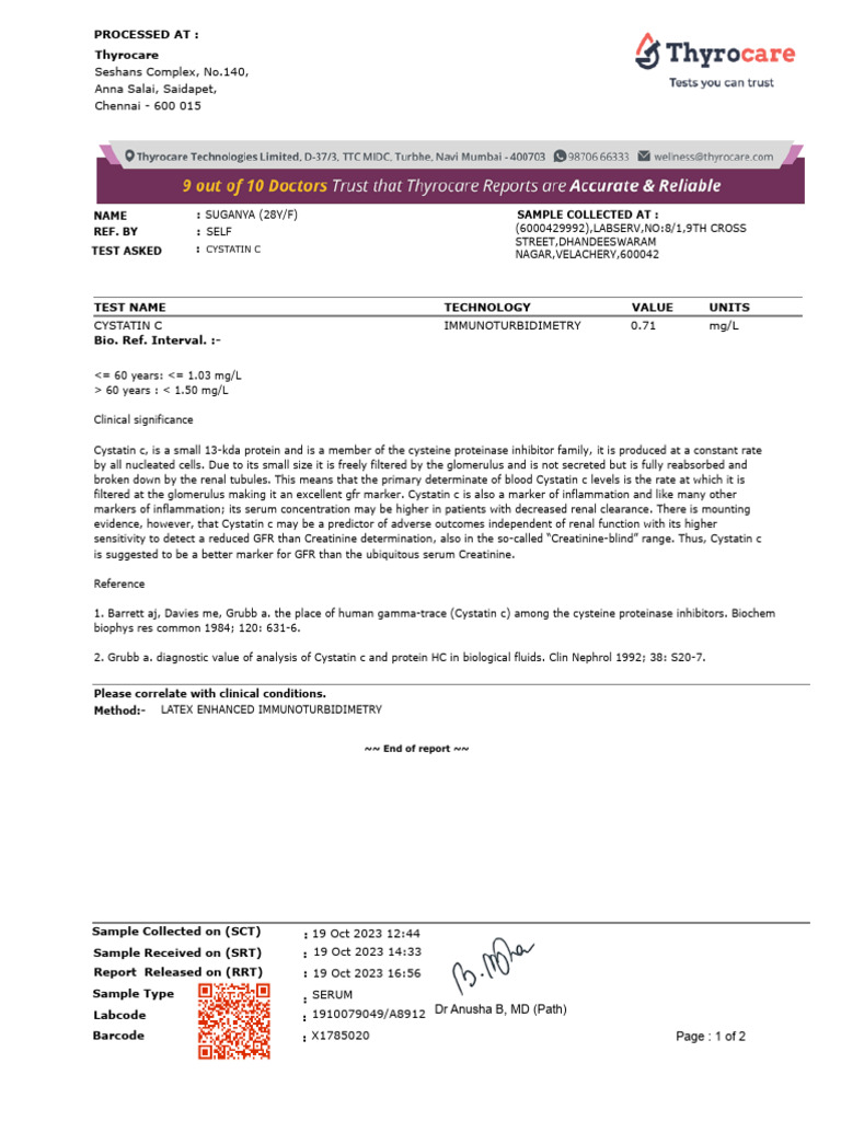 Cystatin C Test Report - Thyrocare Chennai | PDF | Wellness ...