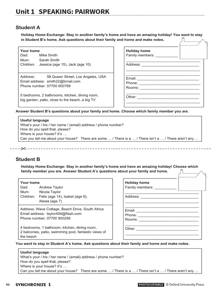 Synchronize1 TRB Worksheets Unit 1 Speaking Pairwork | PDF