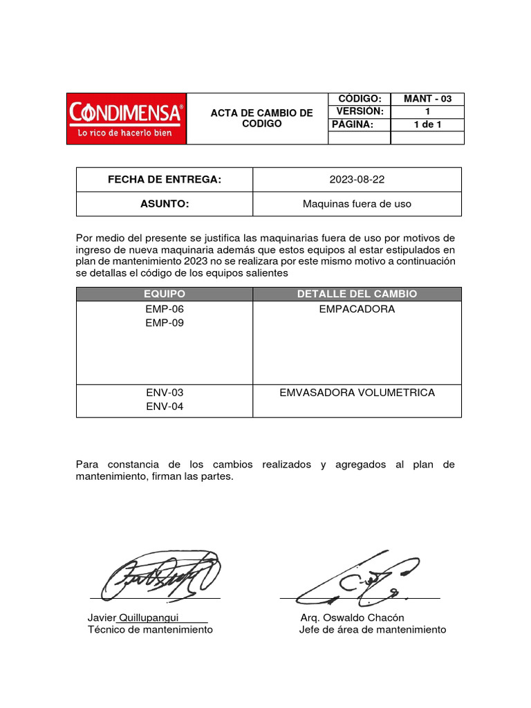 ACTA DE SALIDA MAQUINARIA 2023 | PDF