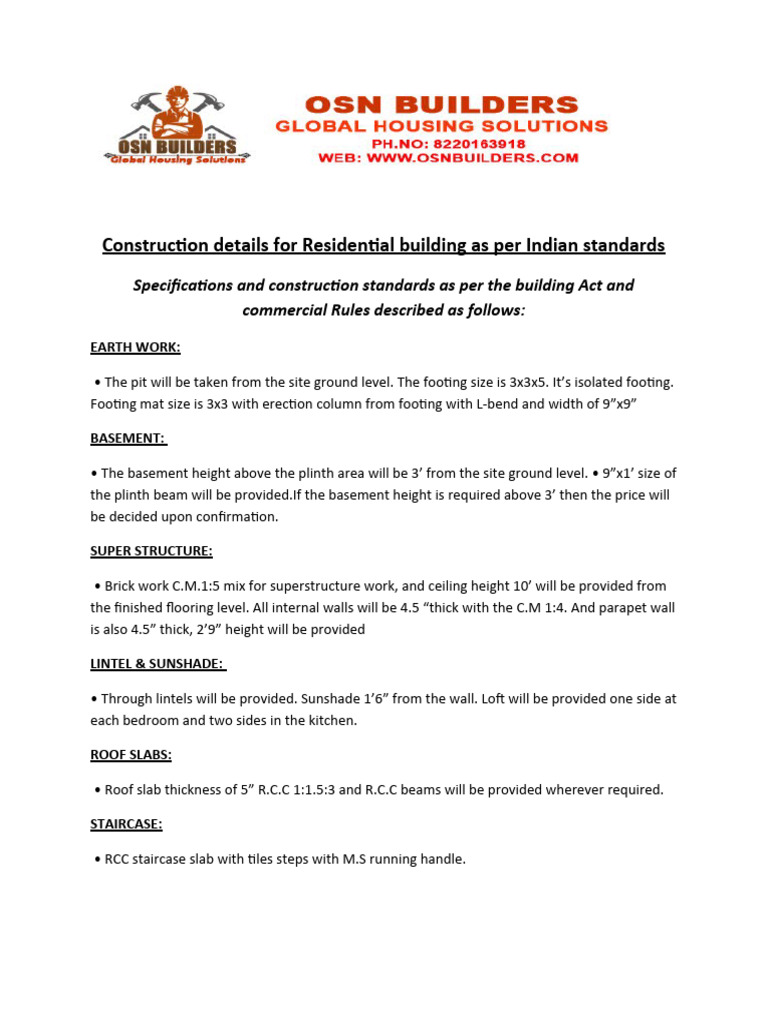 Construction Details For Residential Building As Per Indian Standards | PDF