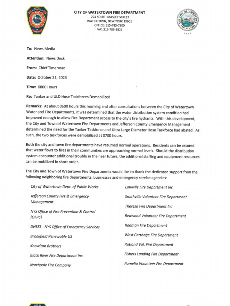 City of Watertown Fire Department: Taskforce Demobilization | PDF