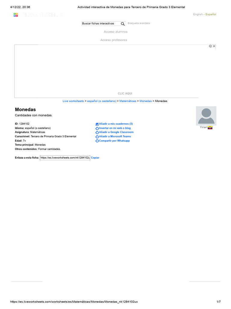 Actividad Interactiva de Monedas para Tercero de Primaria Grado | PDF