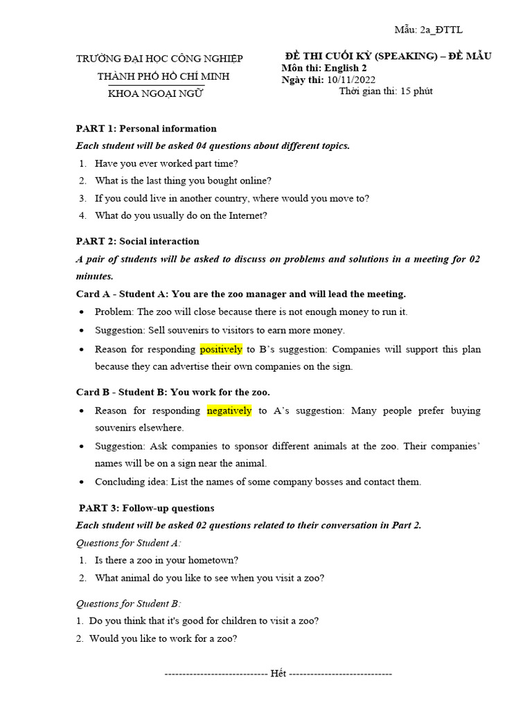 Sample Final Speaking Test - English 2 | PDF | Social Science | Art