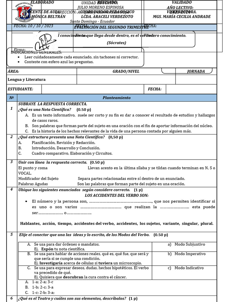 Examen de Lengua y Literatura Segundo Trimestre | PDF