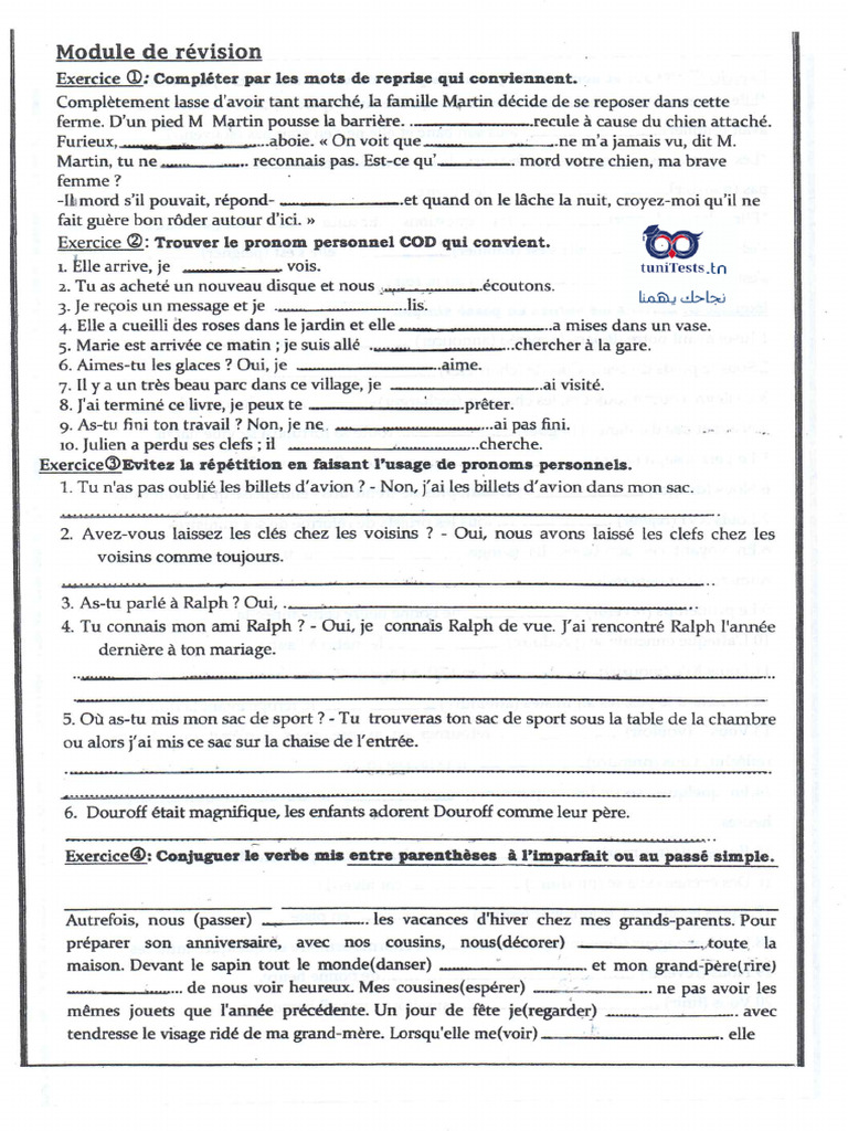 Serie D Exercices - 8eme Annee de Base-Français-Module de Révision ...