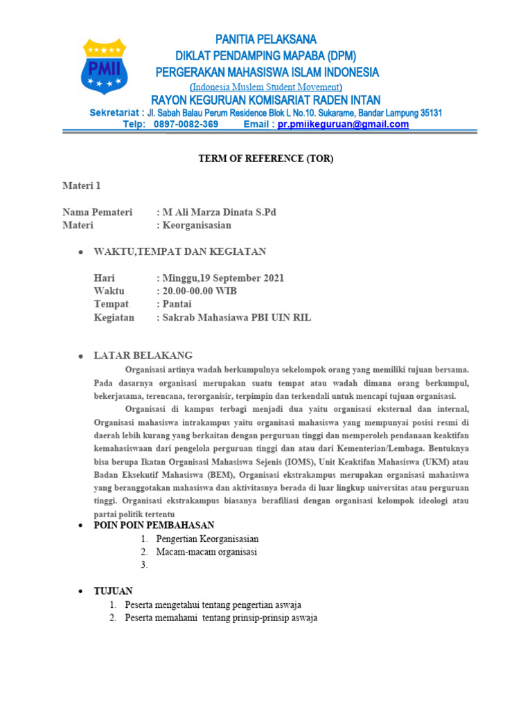 Contoh Term of Reference DPM PMII | PDF