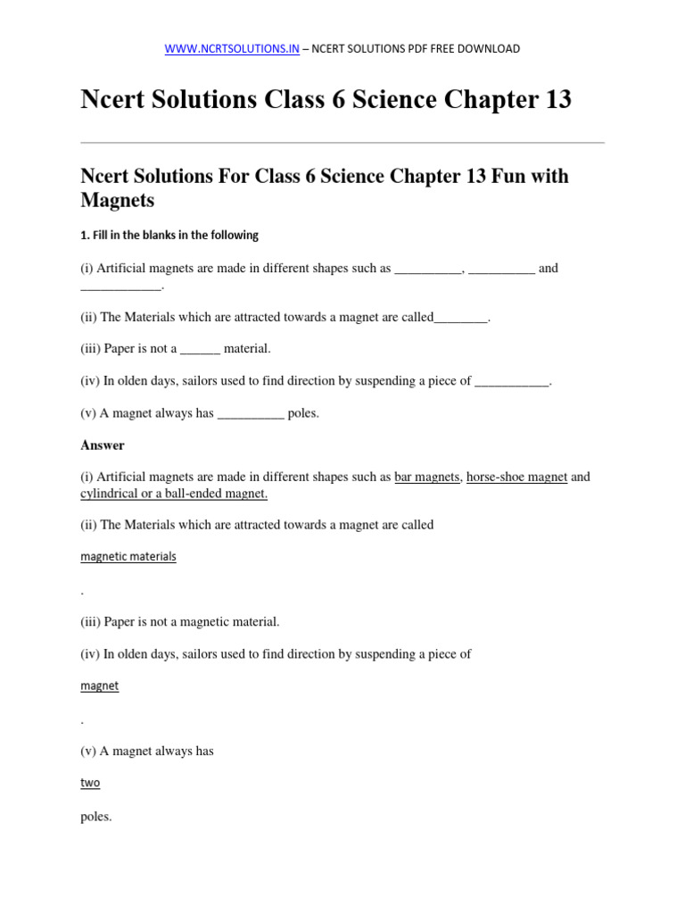 Ncert Solutions Class 6 Science Chapter 13 | PDF
