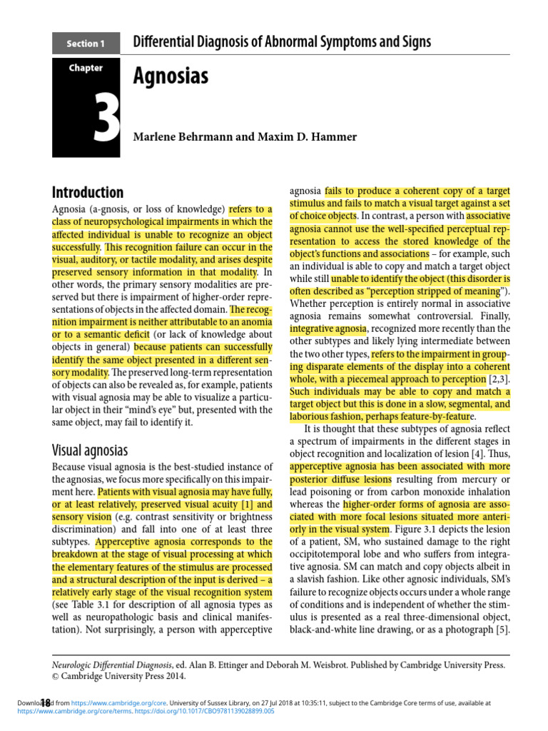 Diferential Diagnosis of Abnormal Symptoms and Signs Agnosias | PDF