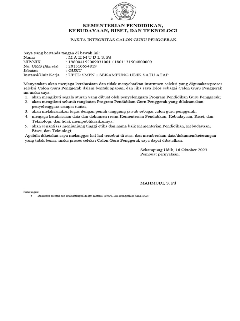 Pakta Integritas CGP 11 REGULER | PDF