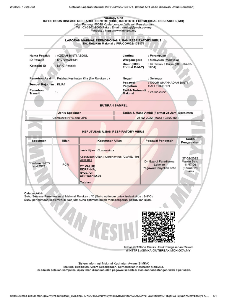 Cetakan Laporan Makmal IMR - COV - 22 - 133171. (Imbas QR Code Dibawah Untuk Semakan) | PDF