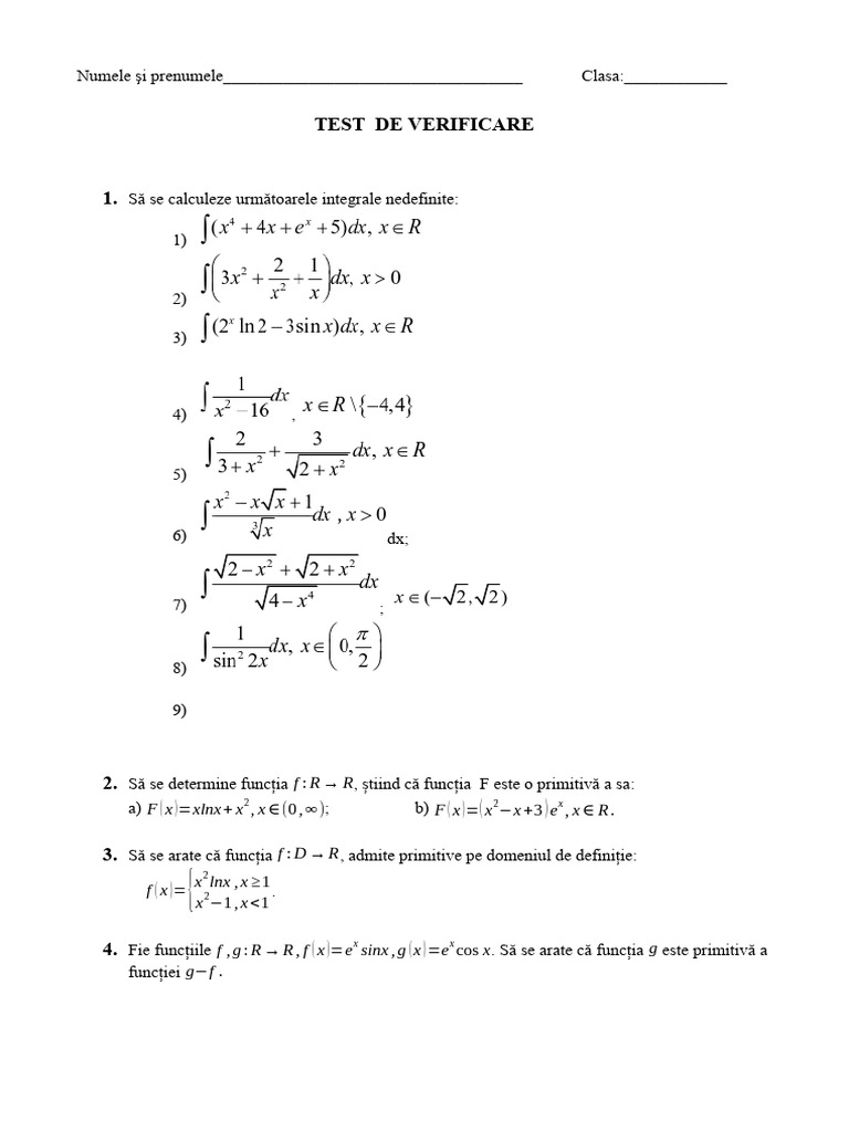 Test Integrale Nedefinite Test 12A | PDF