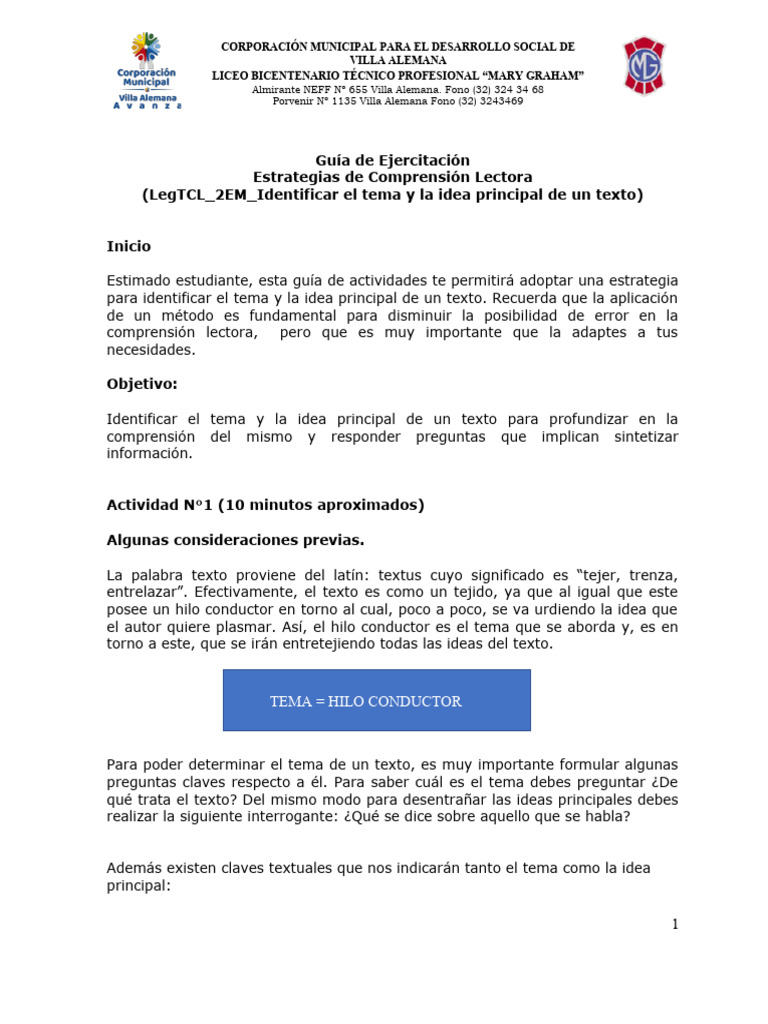 LegTCL 2EM U1 Identificar El Tema y La Idea Principal de Un Texto | PDF