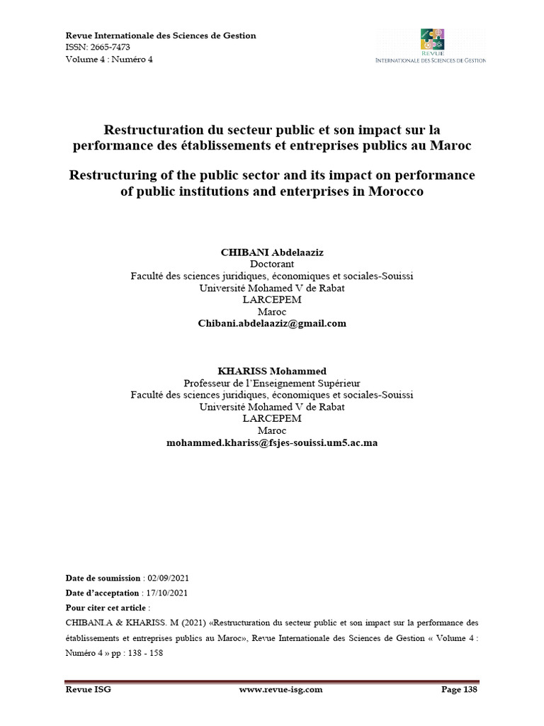 Restructuration Du Secteur Public Et Son Impact Sur La Performance Des ...