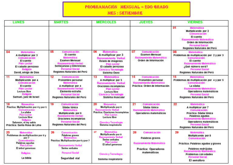 Programaciòn Mensual 2023 - Mes de Setiembre | PDF