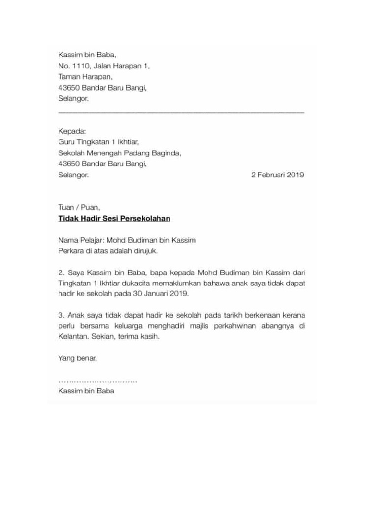 Contoh Surat Rasmi Tidak Hadir Sekolah | PDF