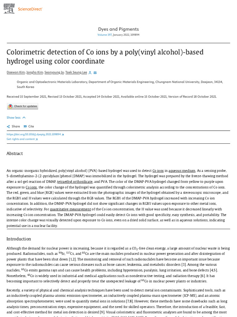 Colorimetric Detection Of Co Ions By A Poly Vinyl Alcohol Based Hydrogel Using Color