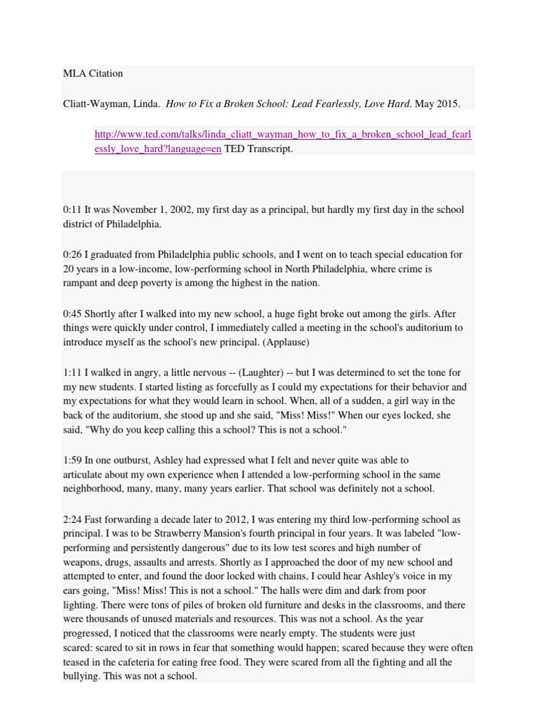 TED Talk Linda Cliatt Wayman Transcript | PDF