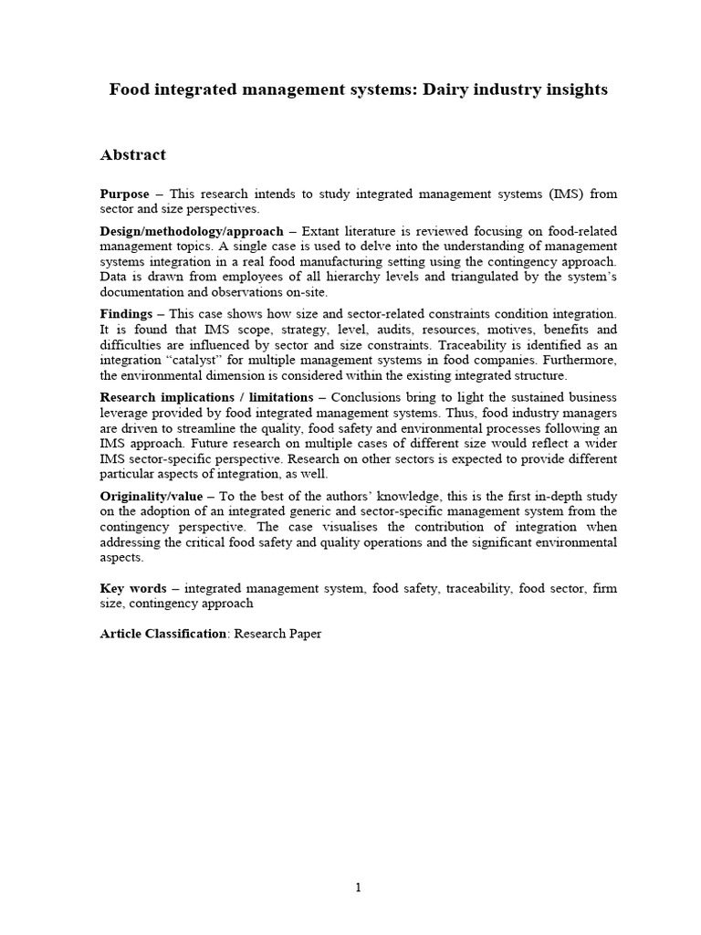 Food Integrated Management Systems Dairy Industry Insights | PDF