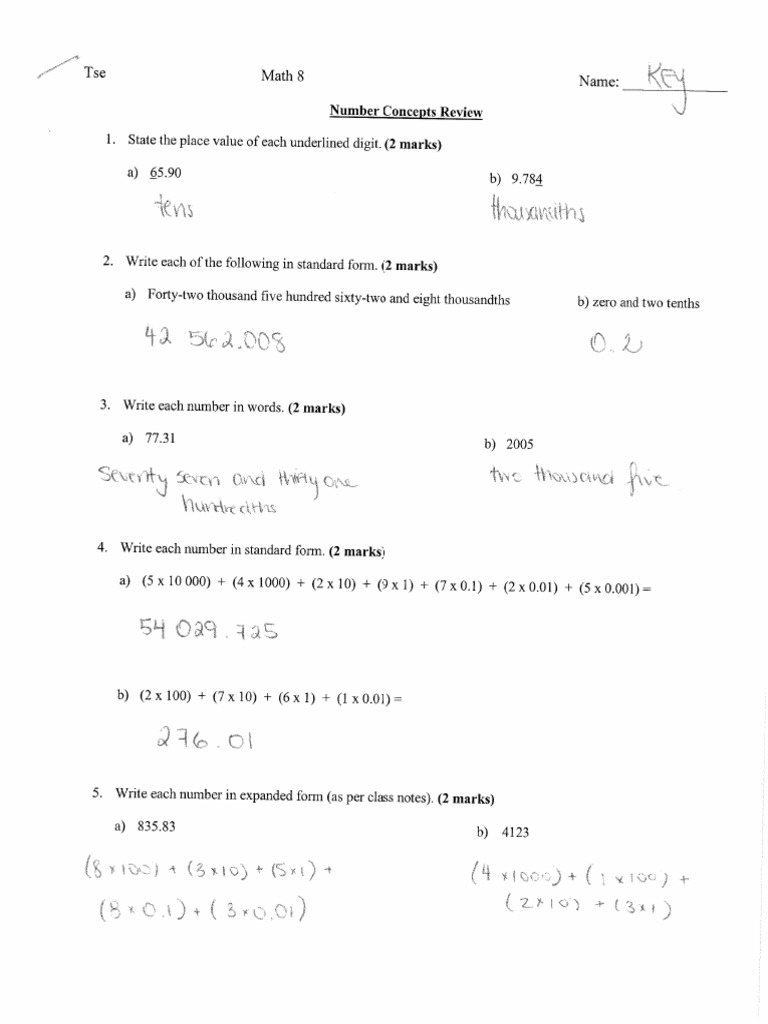 Number Concepts Review Booklet Answer Key | PDF