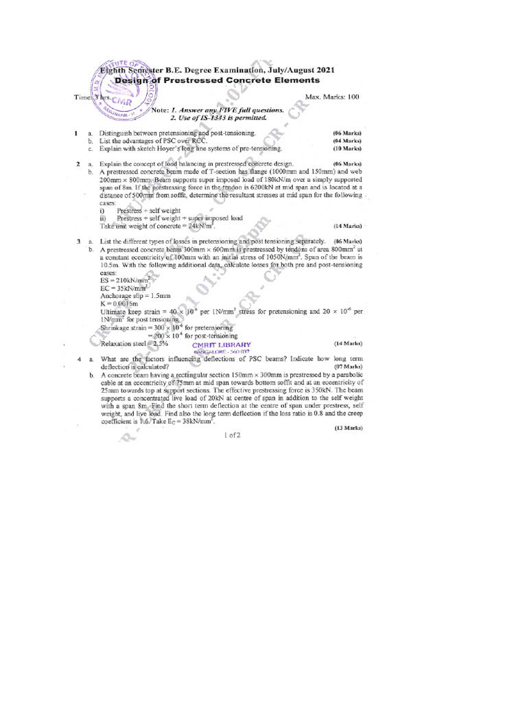 VTU Exam Question Paper With Solution of 17CV82 Design of Prestressed ...